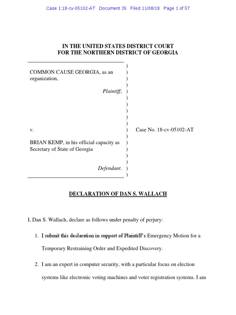 Common Cause Georgia v. Kemp - DECLARATION OF DAN S. WALLACH | PDF ...