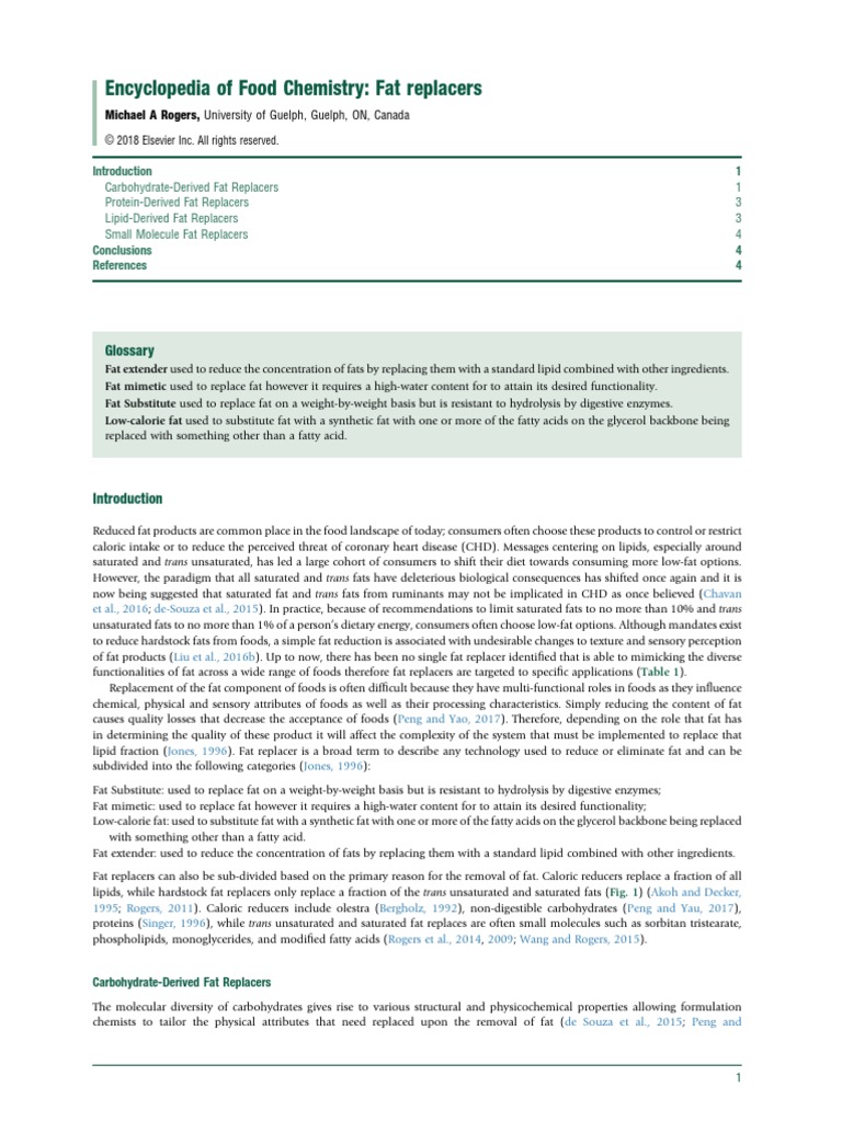 Encyclopedia of Food Chemistry: Fat Replacers | PDF | Fat | Saturated Fat