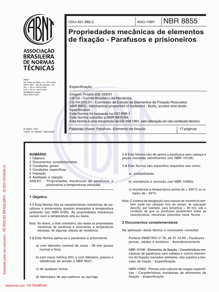 NBR 8855 - Propriedades Mecânicas de Elementos de Fixação - Parafusos e ...