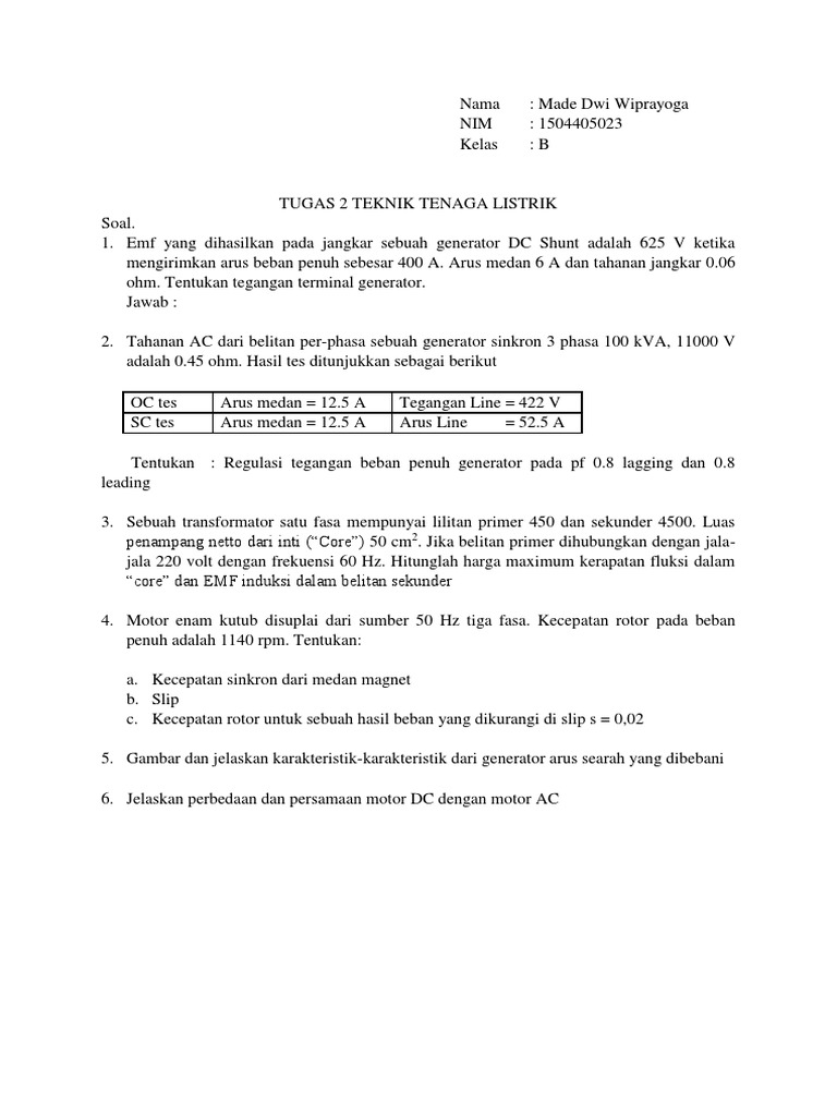 Soal Soal Teknik Tenaga Listrik | PDF