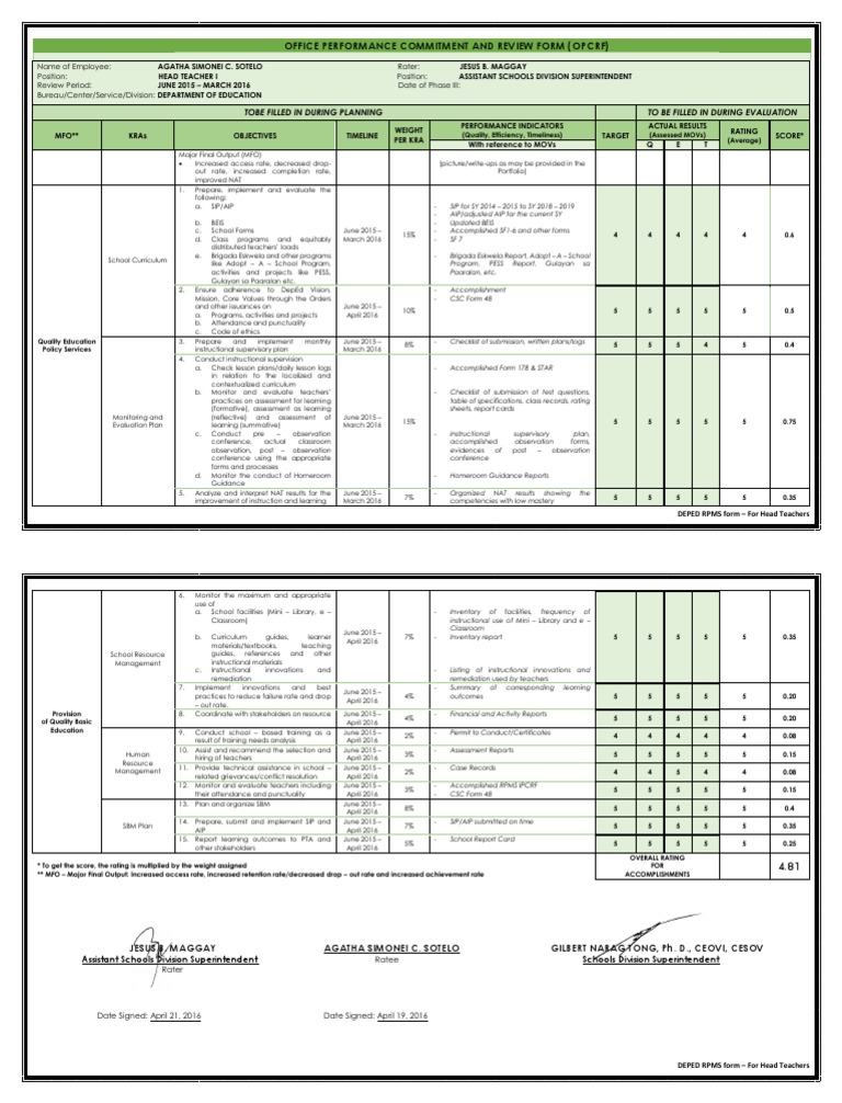 Office Performance Commitment and Review Form | PDF | Educational ...