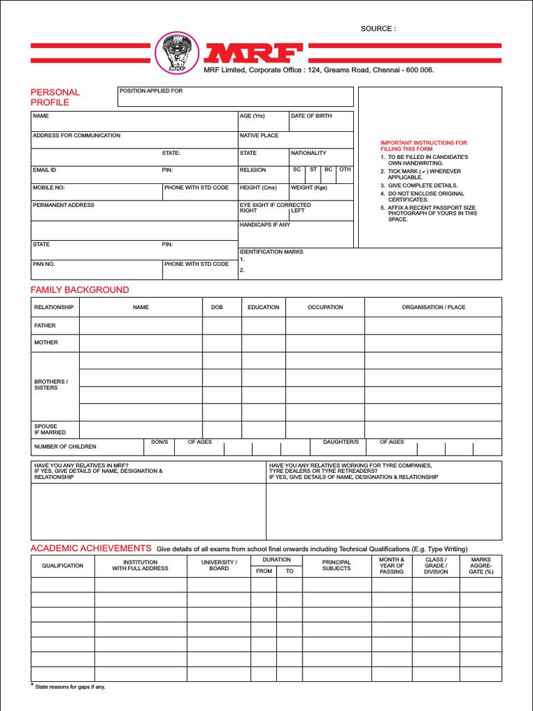 MRF Application Form | PDF | Identity Document | Learning