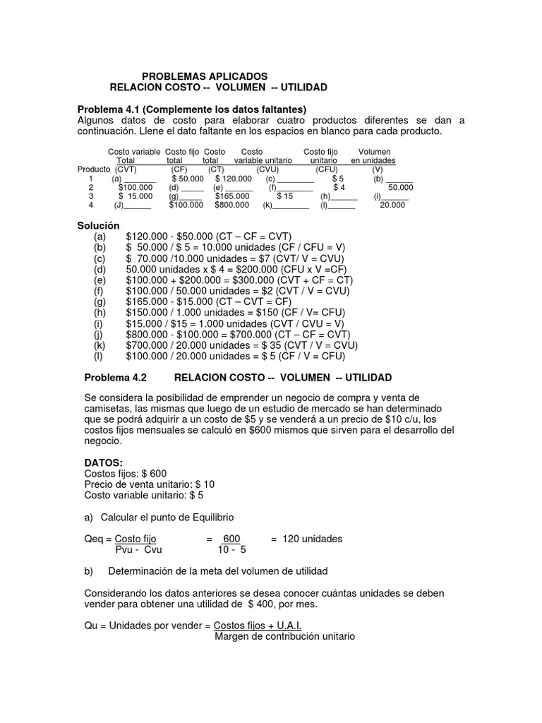 Ejerc. Resueltos Costo-Volumen-Utilidad PDF | PDF | Interés | Precios