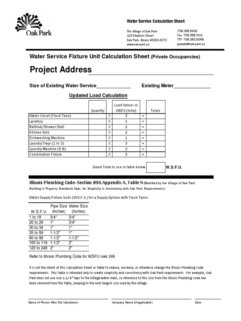 Project Address: Water Service Fixture Unit Calculation Sheet | PDF ...