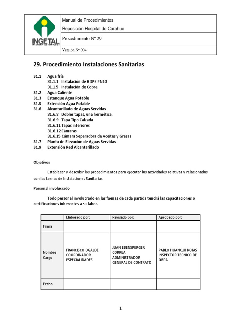1 - Procedimiento #29 Instalaciones Sanitarias | PDF | Tubería (transporte de fluidos) | Cobre