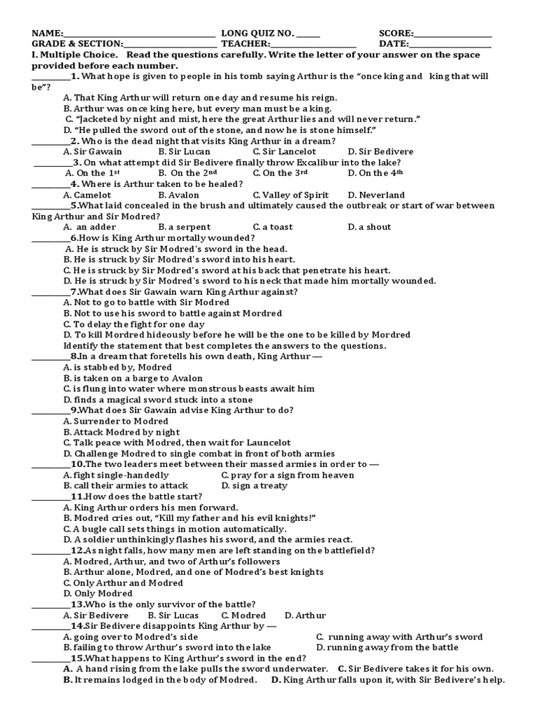 English Long Quiz | Download Free PDF | King Arthur | Le Morte D'arthur
