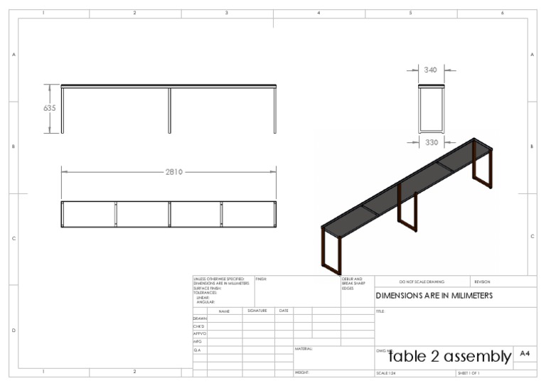Table Assembly Drawing with Dimensions and Specifications | PDF