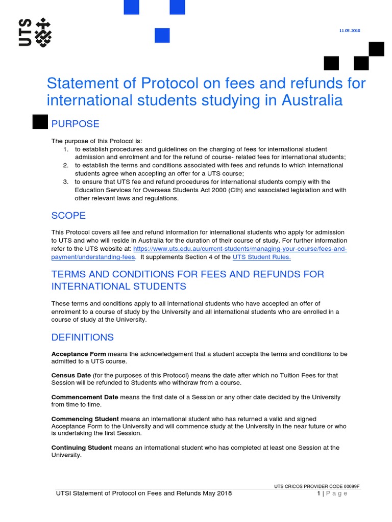 UTS Statement of Protocol On Fees and Refunds | PDF | Fee | International Student