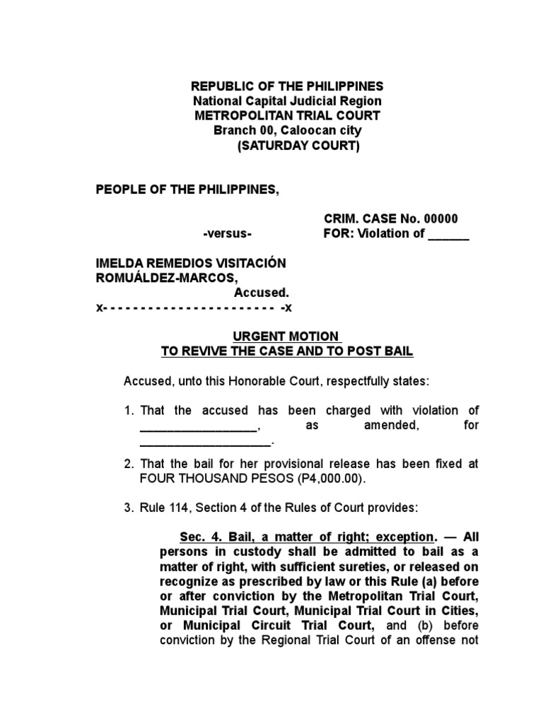 Motion to Post Bail for Accused | PDF | Bail | Prosecutor
