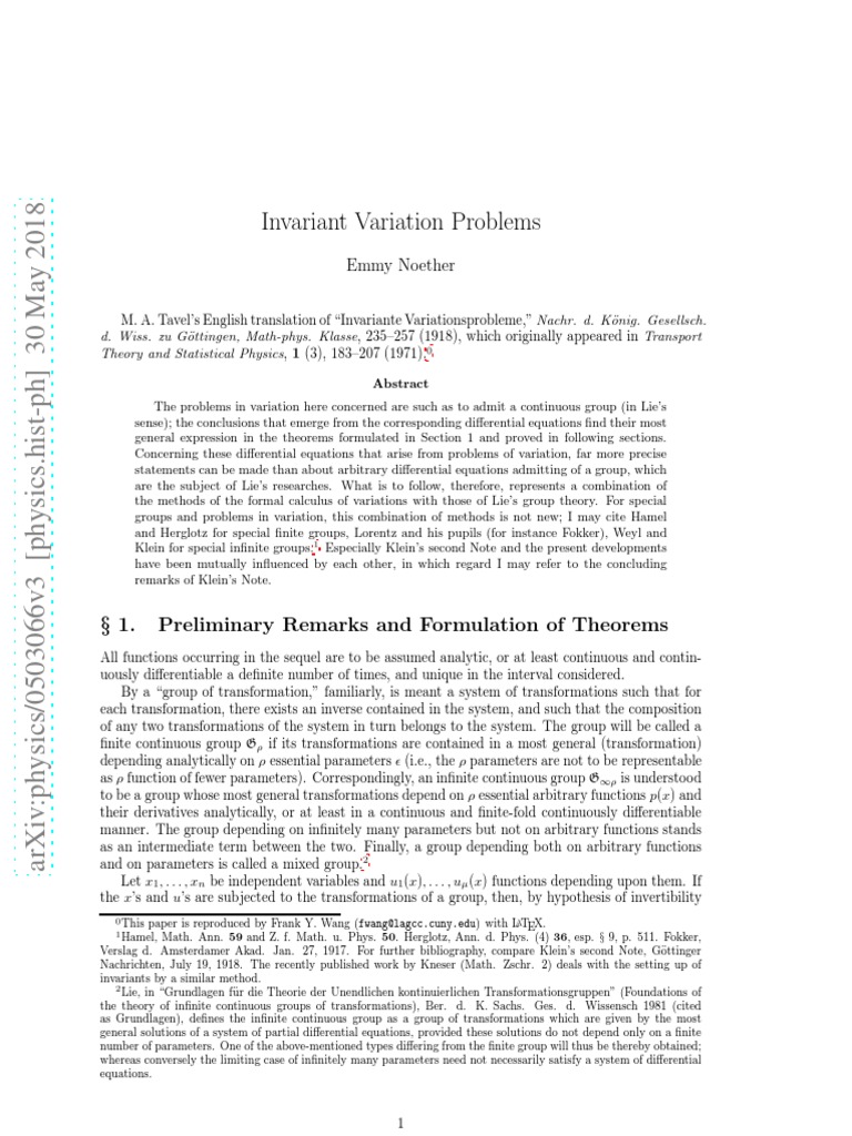 Invariant Variation Problems: 1. Preliminary Remarks and Formulation of Theorems | PDF | Group ...