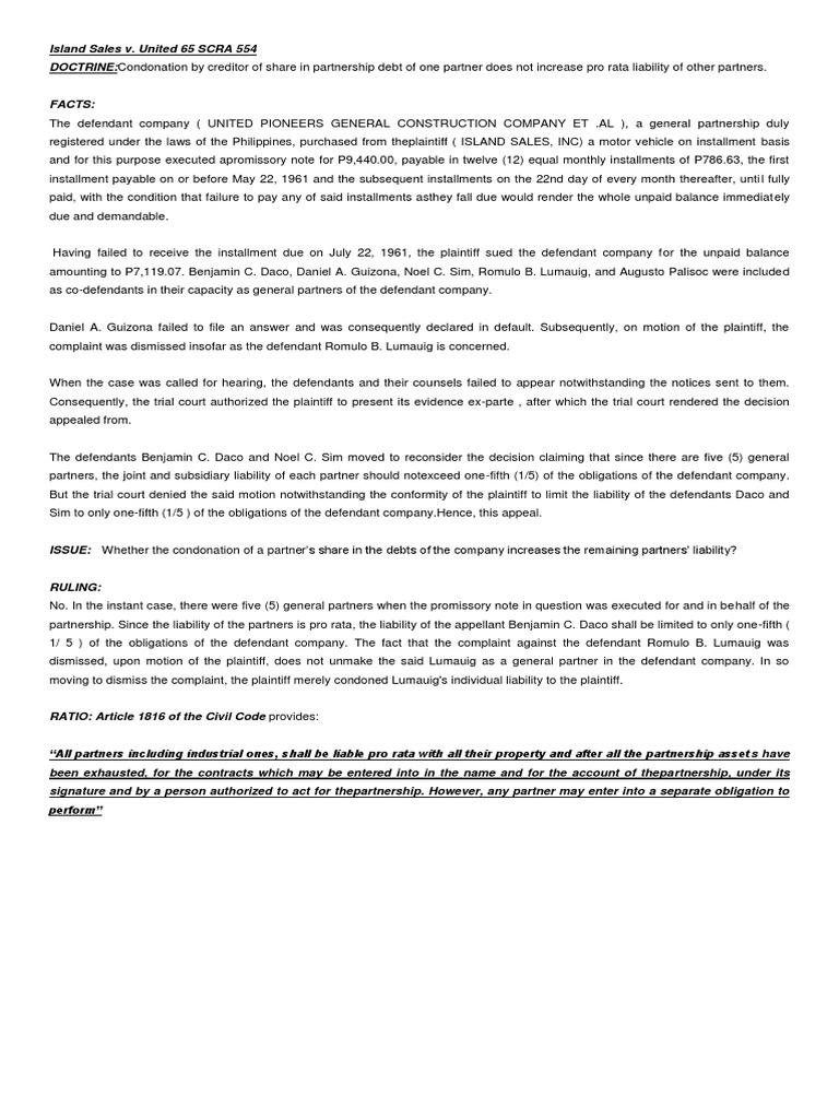 Island Sales Vs United Pioneers 65 SCRA 554 | PDF | General Partnership ...