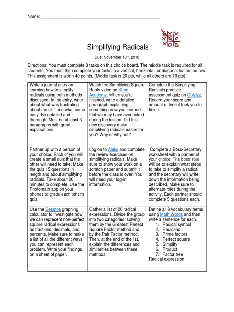 Simplifying Radicals Choice Board Activities | PDF | Design ...