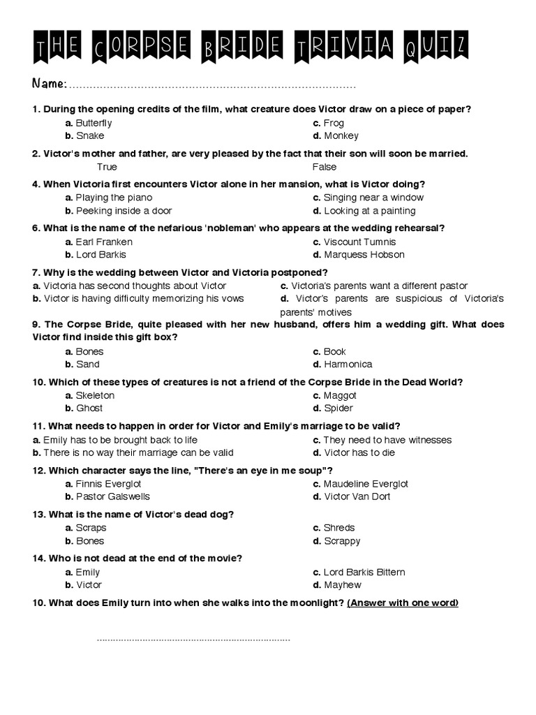 The Corpse Bride Trivia Quiz | PDF