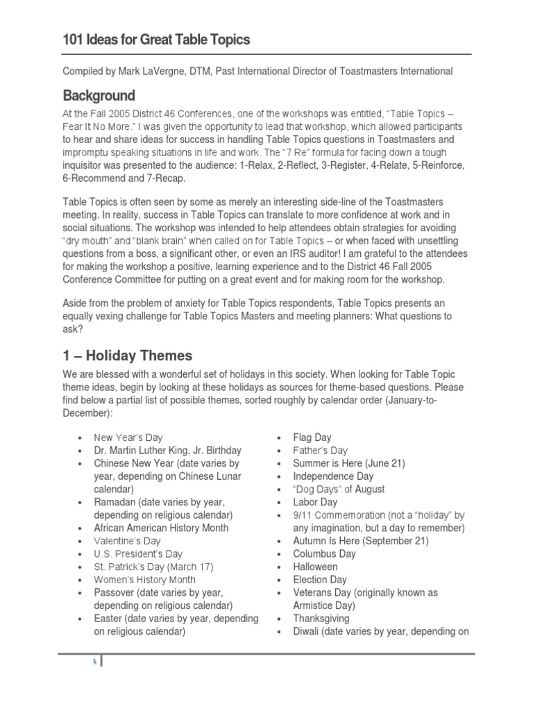101 Table Topics Ideas for Toastmasters | PDF | Question | News