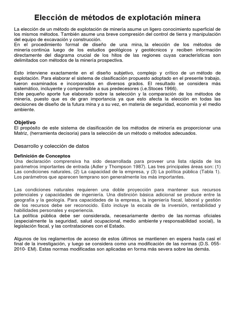 Elección de Métodos de Explotación Minera | PDF | Minería de superficie | Minería
