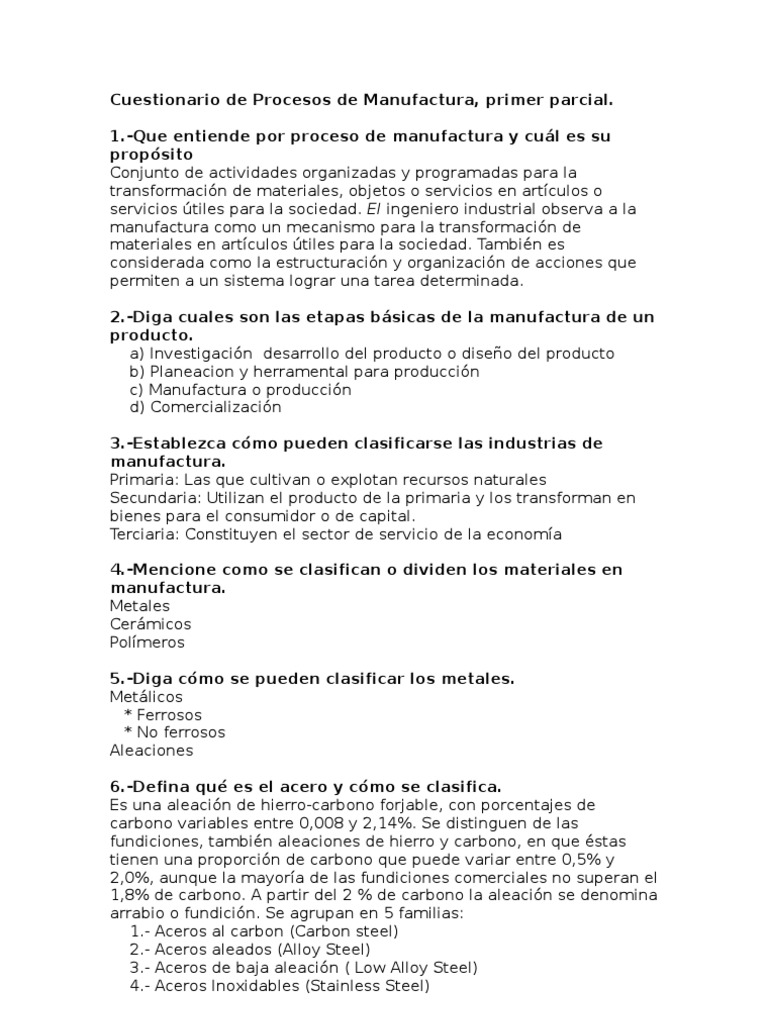Cuestionario de Procesos de Manufactura | PDF | Acero | Rieles