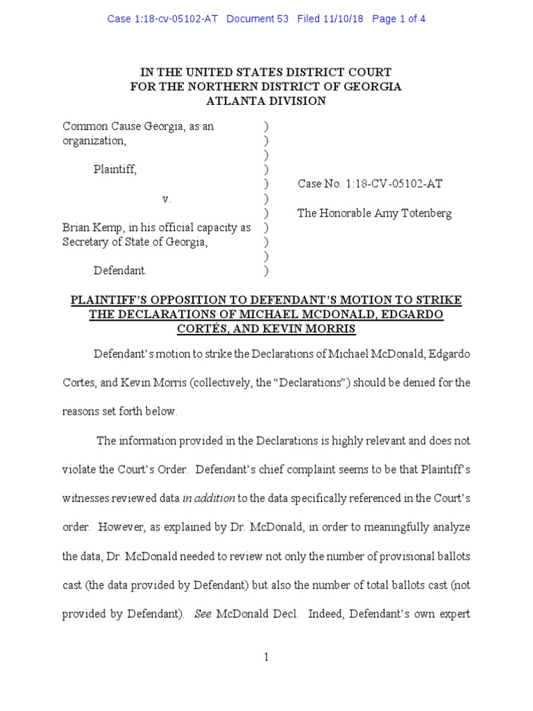 Common Cause Georgia v. Kemp - OPPOSITION TO DEFENDANT'S MOTION TO ...