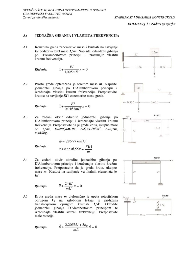 Dss Hidro Dinamika Konstrukcija Kolokvij 1 Zadaci Za Vjezbu PDF | PDF