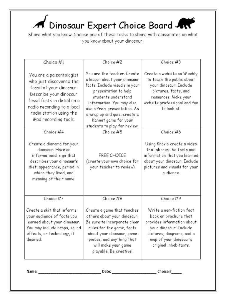 Dinosaur Choice Board | PDF | Vocabulary | Rubric (Academic)