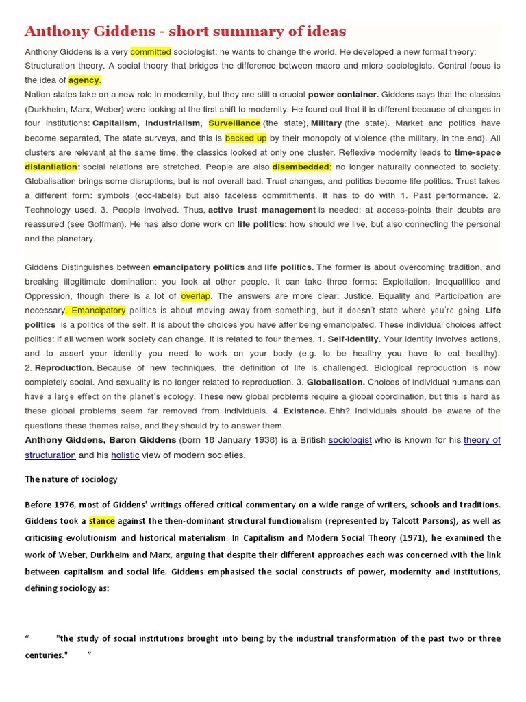 Anthony Giddens | PDF | Sociology | Sociological Theories