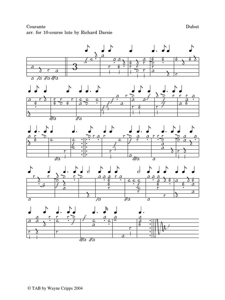 Courante Dubut Arr. For 10-Course Lute by Richard Darsie | PDF