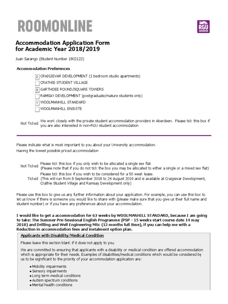 Accommodation Application Form For Academic Year 2018/2019 | PDF ...
