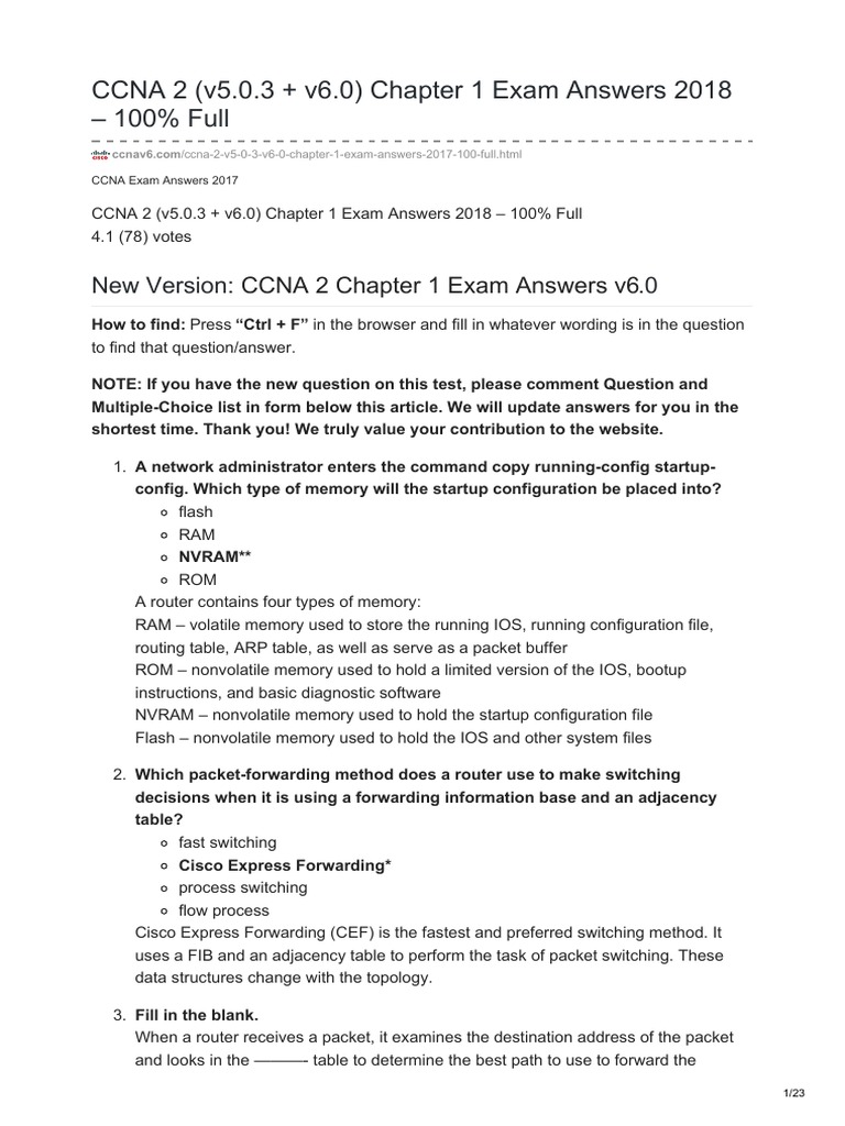 CCNA 2 Chapter 1 Exam Answers 2018 | PDF | Ip Address | Router (Computing)