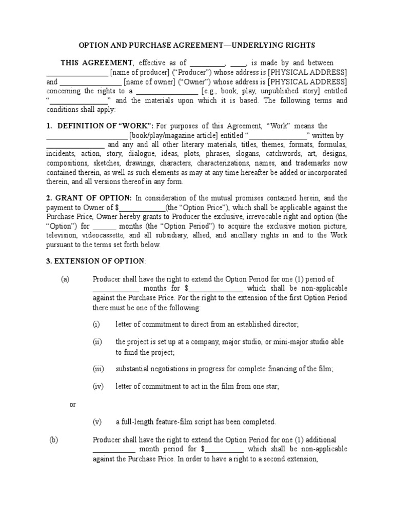 Option and Purchase Agreement Overview | PDF | Indemnity | Option (Finance)