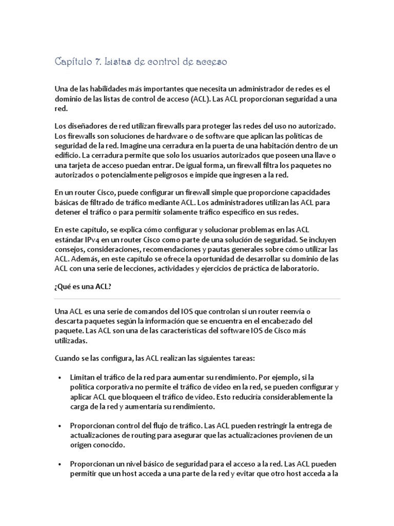 Cap7. Listas de Control Acceso CCNA2 | PDF | Enrutador (Computación) | Cortafuegos (informática)