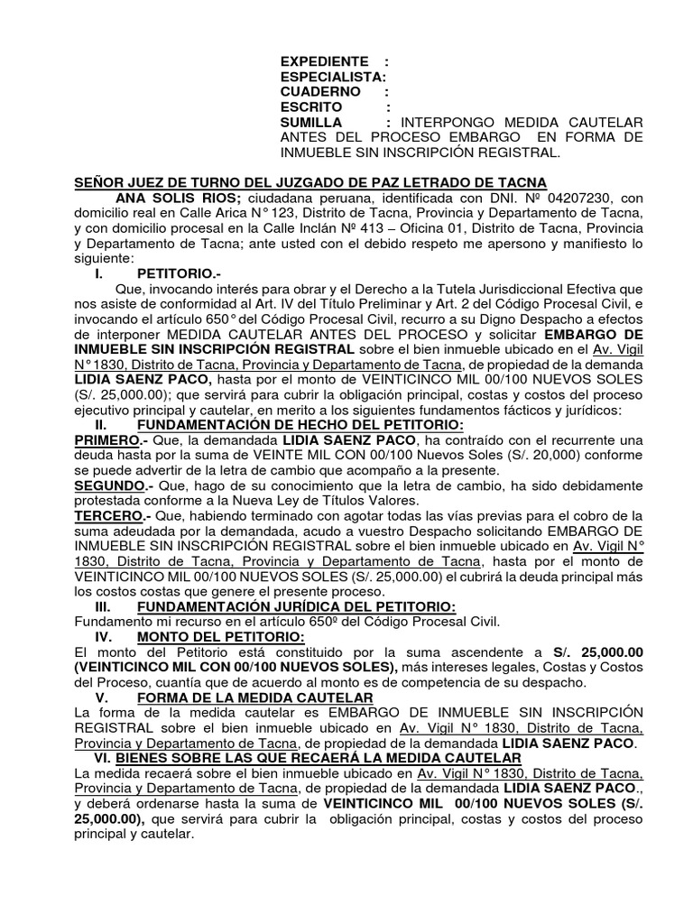 Solicitud Cautelar de Embargo de Bien Inmueble | PDF | Mandato | Ley ...