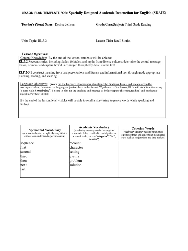 Lesson Plan Template For: Specially Designed Academic Instruction For ...