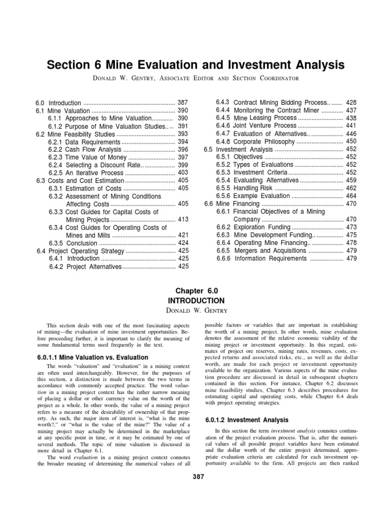 Mine Evaluation and Investment Analysis Section | PDF | Valuation ...