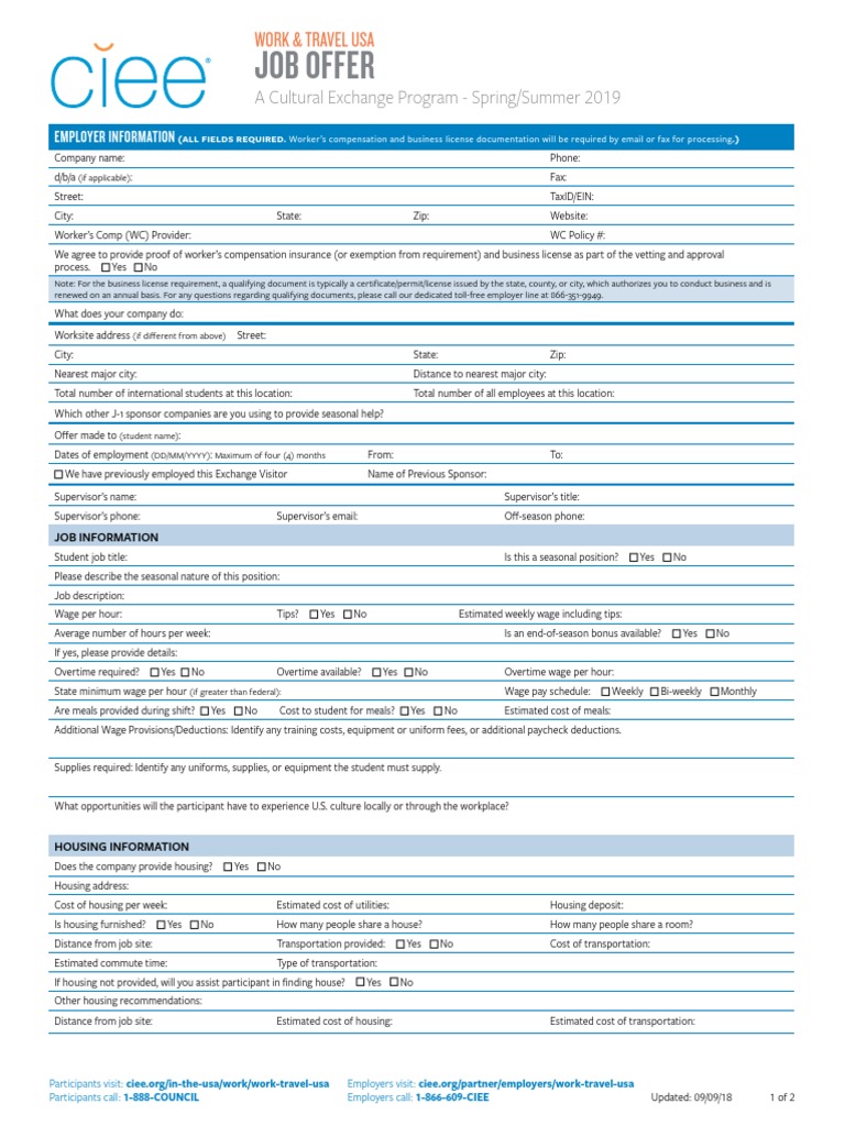 Ciee Job Offer Form 2019 Summer | PDF | Overtime | Employment
