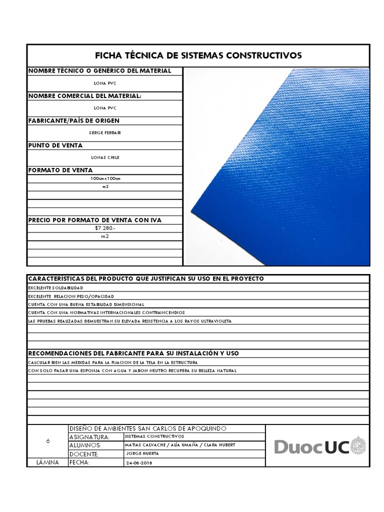 Ficha técnica Lona Pvc