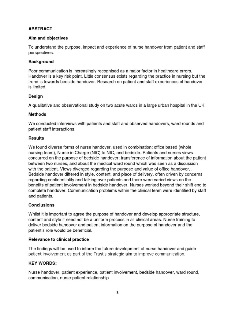 Handover Paper Final 22 3 16 BJN | Nursing | Patient | Free 30-day ...