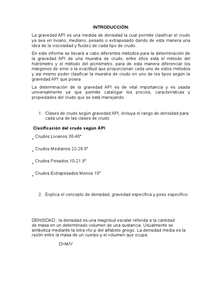 Informe Lab Gravedad API | PDF | Densidad | Petróleo