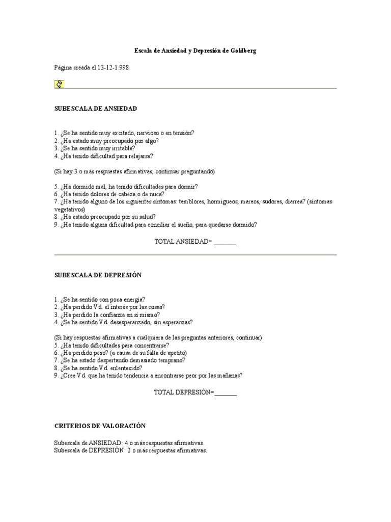 Escala de Ansiedad y Depresión de Goldberg corregido.doc | Ansiedad ...