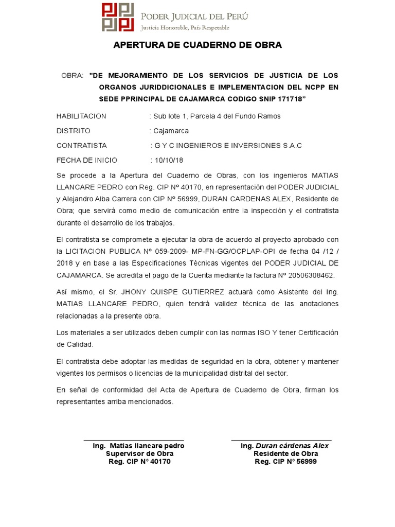 Apertura de Cuaderno de Obra 5 | PDF