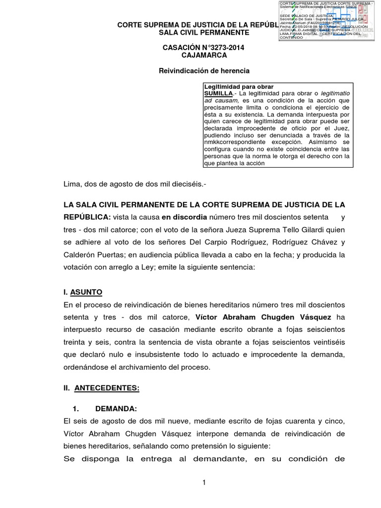 Casación 3273 2014 Cajamarca Qué Es La Legitimidad Para Obrar O