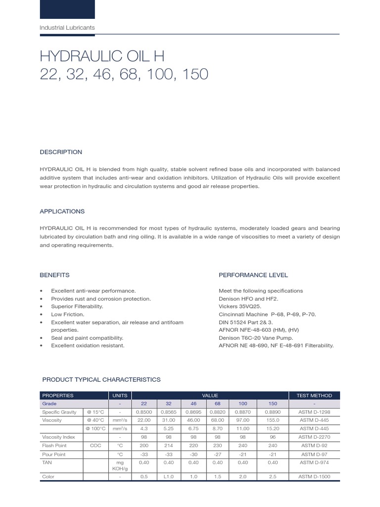 Hydraulic Oil H 22 32 46 68 100 150 | PDF | Lubricant | Industrial ...