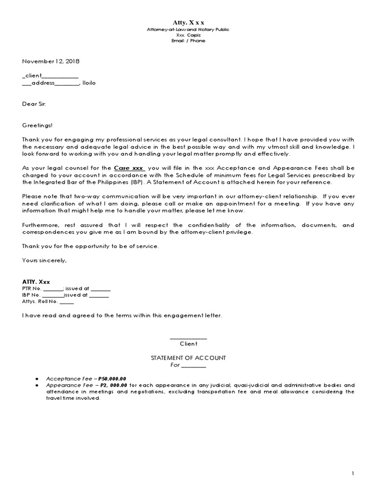 Engagement Letter for Legal Services | PDF | Lawyer | Common Law