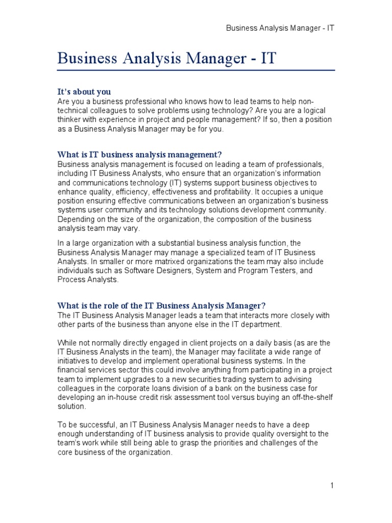 Business Analysis Manager Role Overview | PDF | Business Analysis ...