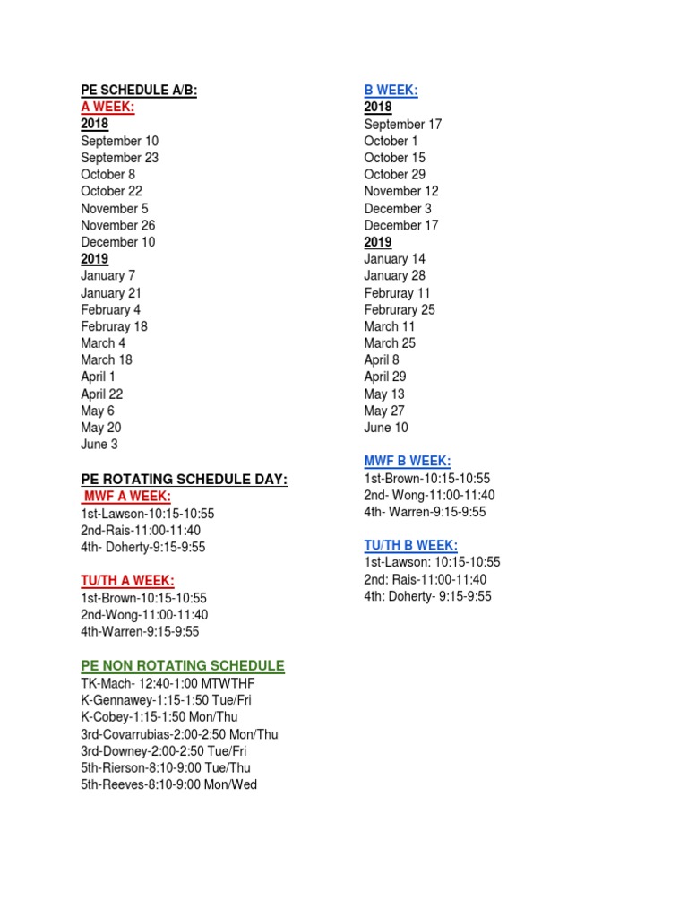 Pe Schedule A 2fb 2017-2018 | PDF