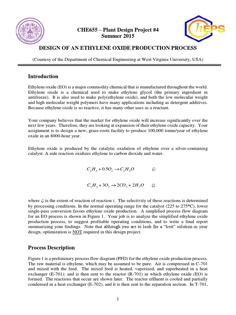Design of An Ethylene Oxide Production Process PDF | PDF | Heat ...