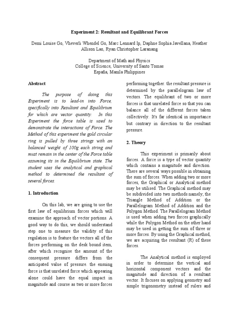 Experiment 2 Resultant and Equilibrant Forces | PDF | Force | Euclidean Vector