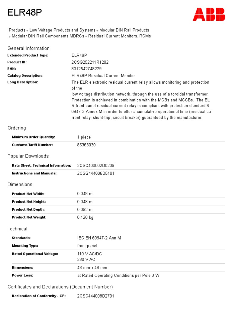 Abb Elr48p | PDF | Relay | Electrical Engineering
