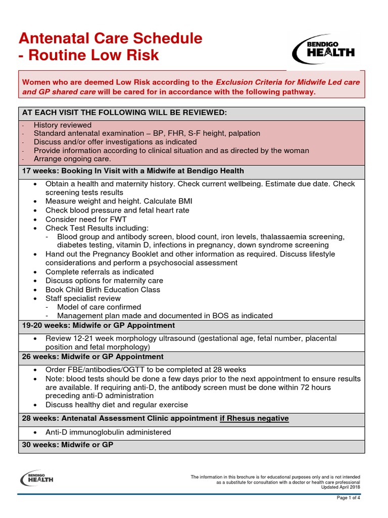 Antenatal Care Schedule Handout - GP Low Risk May 2018 | PDF | Midwifery | Obstetrics