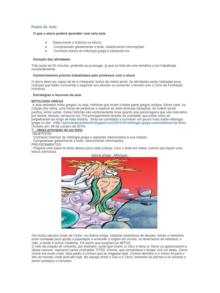 Aula Interpretação Texto Mito 8 Ano | PDF | Mitologia grega | Zeus