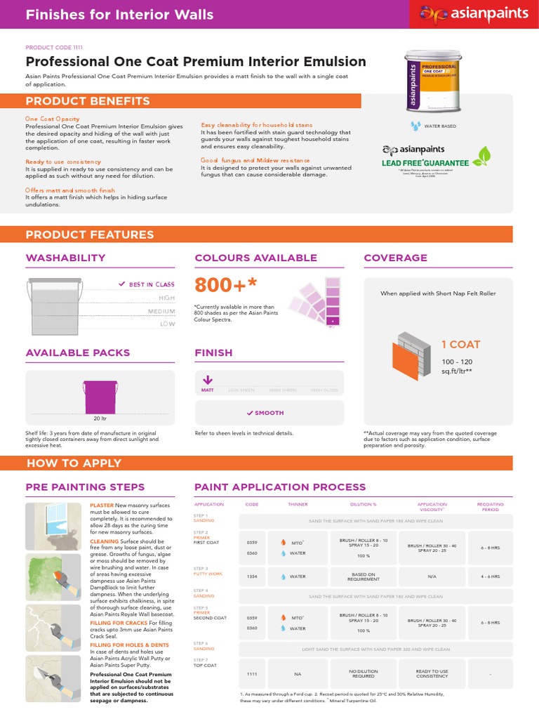 Professional One Coat Premium Interior Emulsion | PDF | Paint | Materials