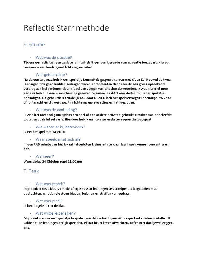 Reflectie Starr Methode Woensdag Oktober | PDF